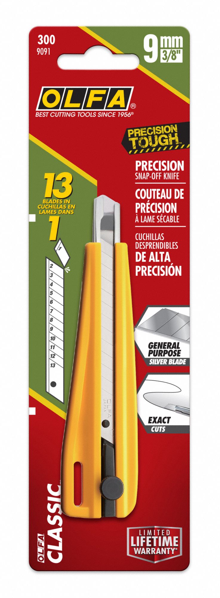 OLFA Snap-Off Utility Knife: 5 in Overall Lg, Plain, 13 Segments, 0 Blades Stored, Yellow ...