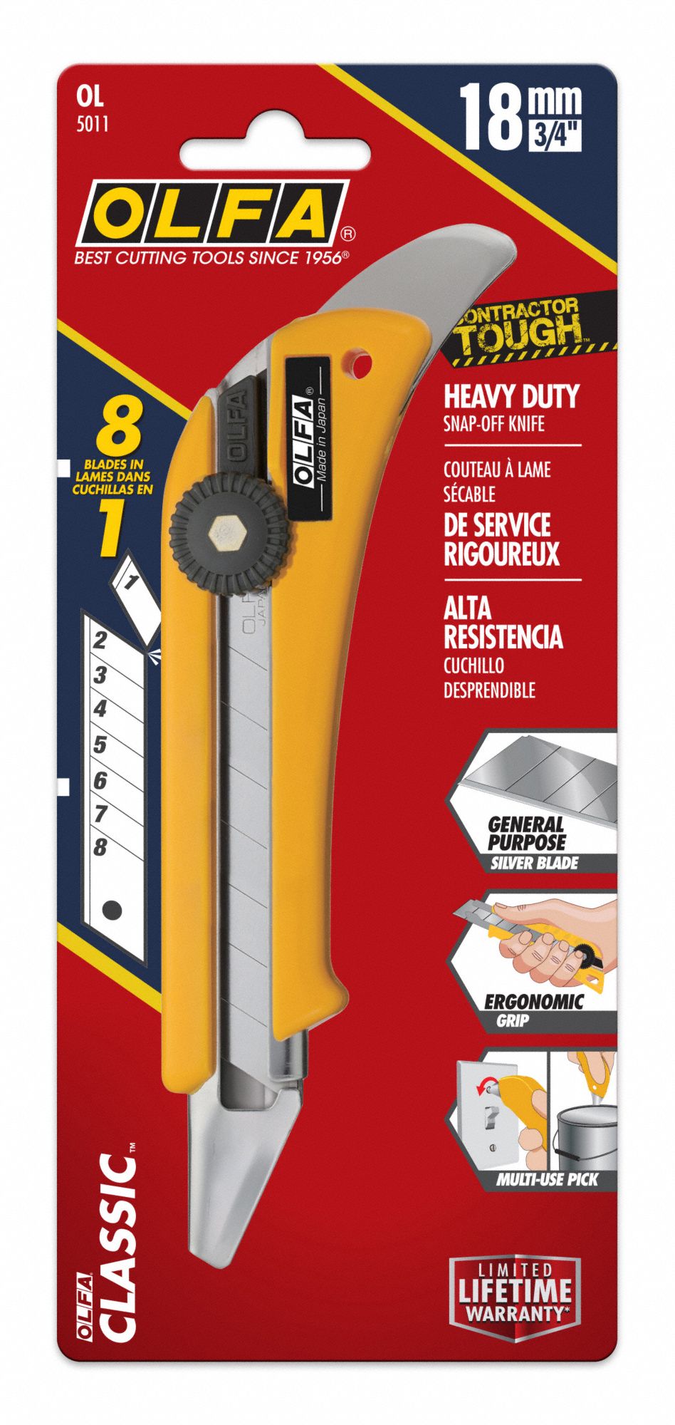 OLFA Utility Knife: 7 in Overall Lg, Plain, 8 Segments, 1 Blades Stored, Yellow - 6ZTL1|OL ...