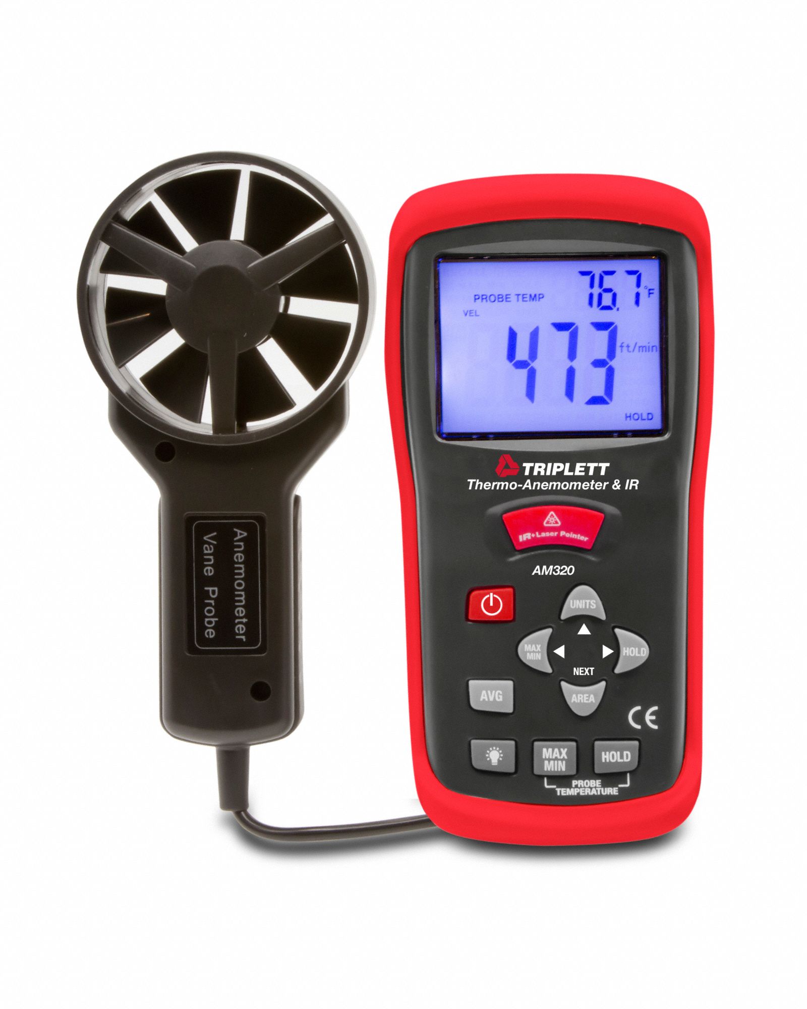 TRIPLETT, 1 fpm Air Velocity Resolution, Rotating Vane, Anemometer ...