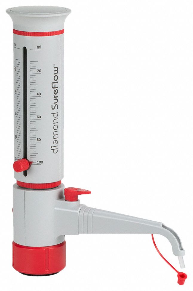 GLOBE SCIENTIFIC, 100 mL Capacity - mL, 2 mL Graduation Increments - mL, Bottle Top Dispenser ...