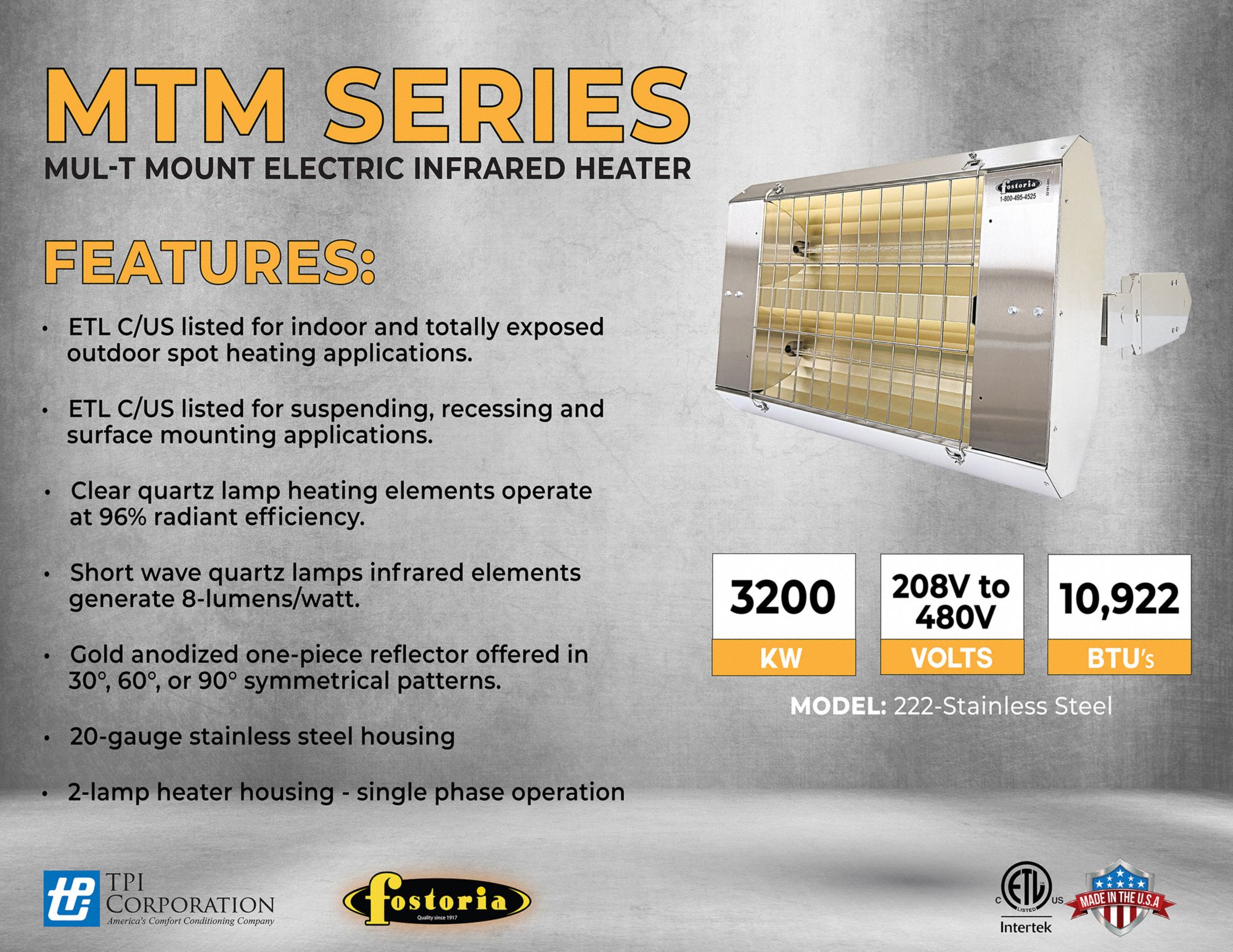 FOSTORIA Infrared Quartz Electric Heater, 3200 W - 786LF2|P-90-222-THSS ...