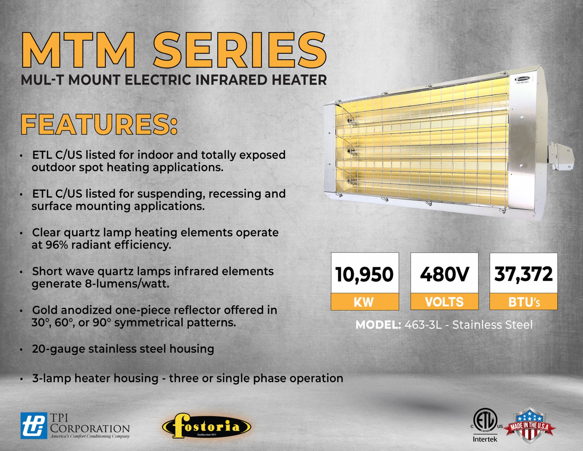 FOSTORIA Infrared Quartz Electric Heater: 10950 W Watt Output, 480 V AC ...