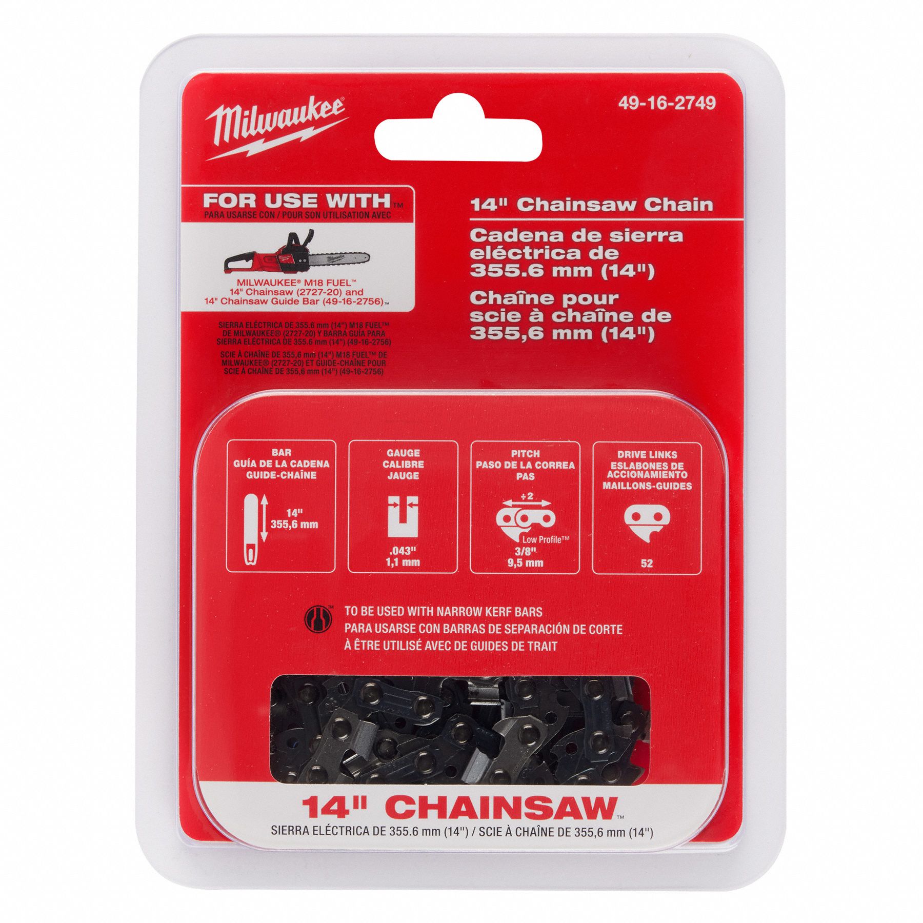 MILWAUKEE, 14 in Compatible Bar Lg, 3/8 in, Chainsaw Chain - 787YW2|49 ...