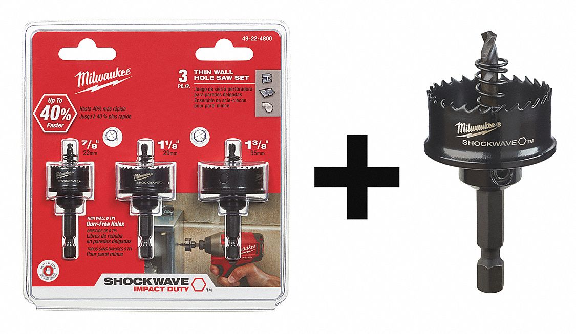 MILWAUKEE, 4 Pieces, 1/2 in Max. Cutting Dp, Hole Saw Kit - 7DY19|49-22-4800, 49-56-9810 - Grainger