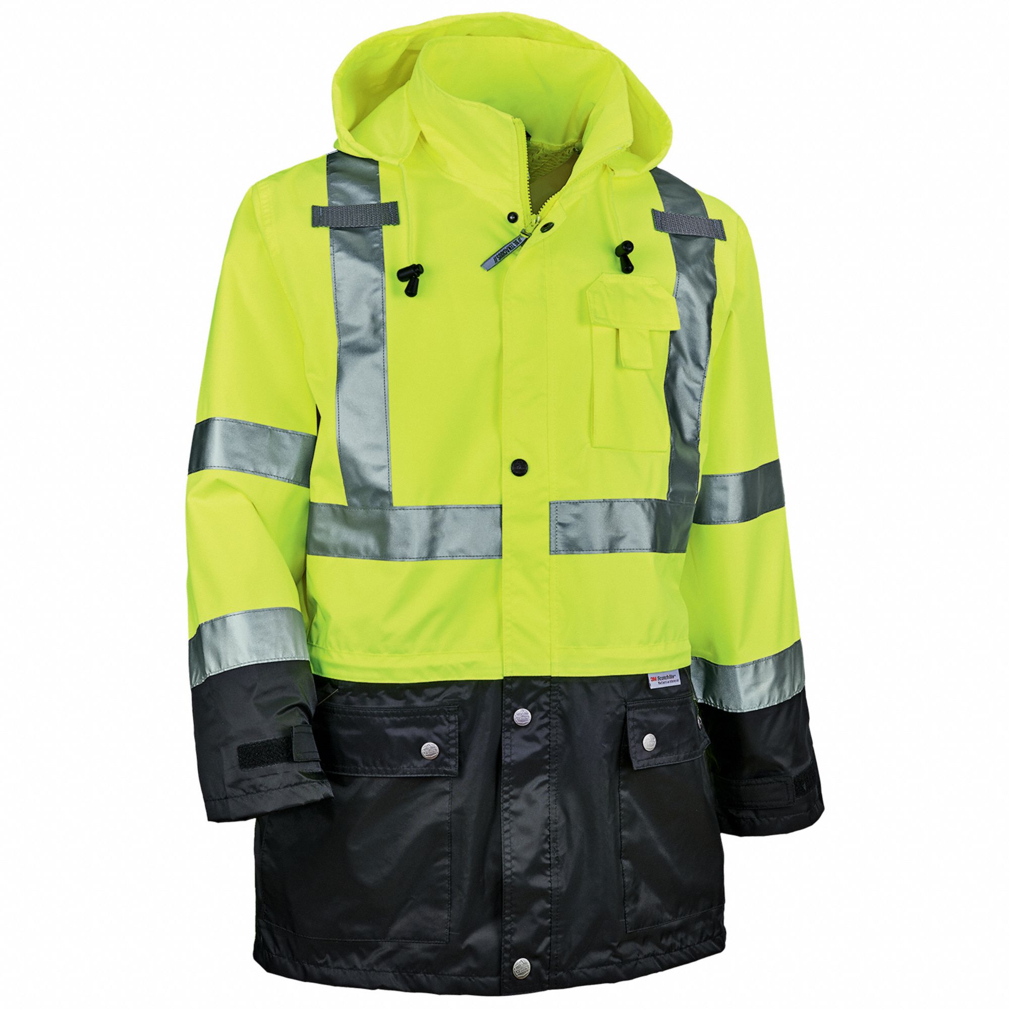 Rain Jacket, Hi-Vis, Blk Front, 3XL - Grainger