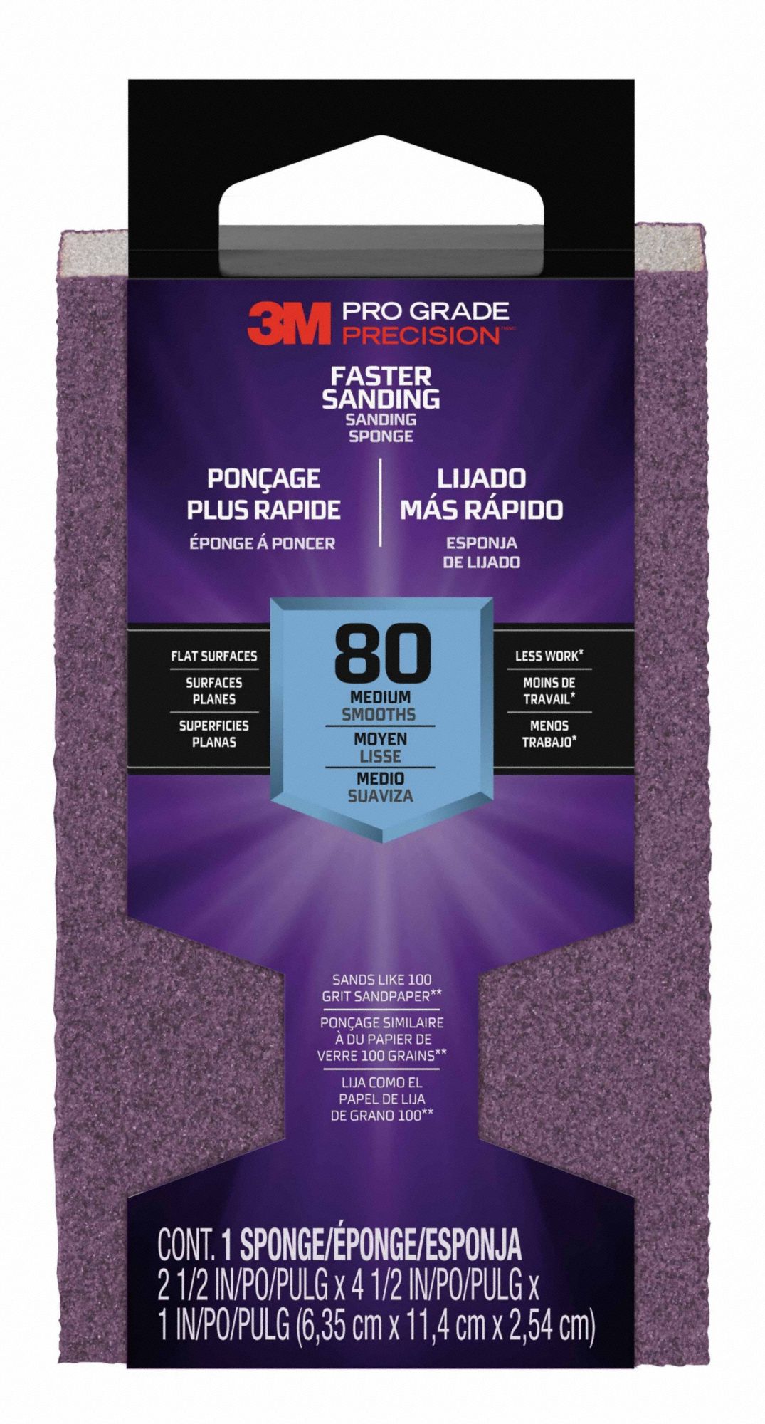 3M, 4 1/2 in W x 2 1/2 in L x 1 in T, Aluminum Oxide, Sanding Sponge ...