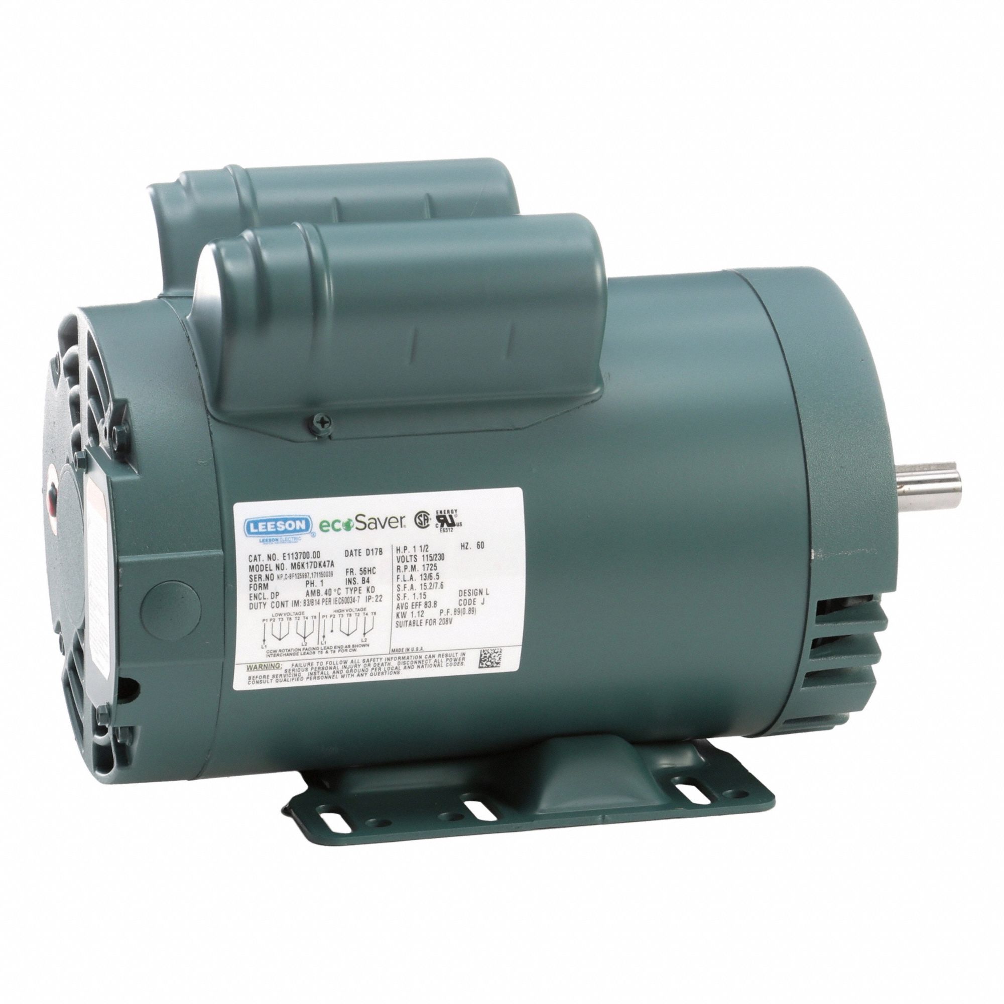 LEESON, Single Phase, 1 1/2 hp, General Purpose Motor - 820J09|E113700 ...