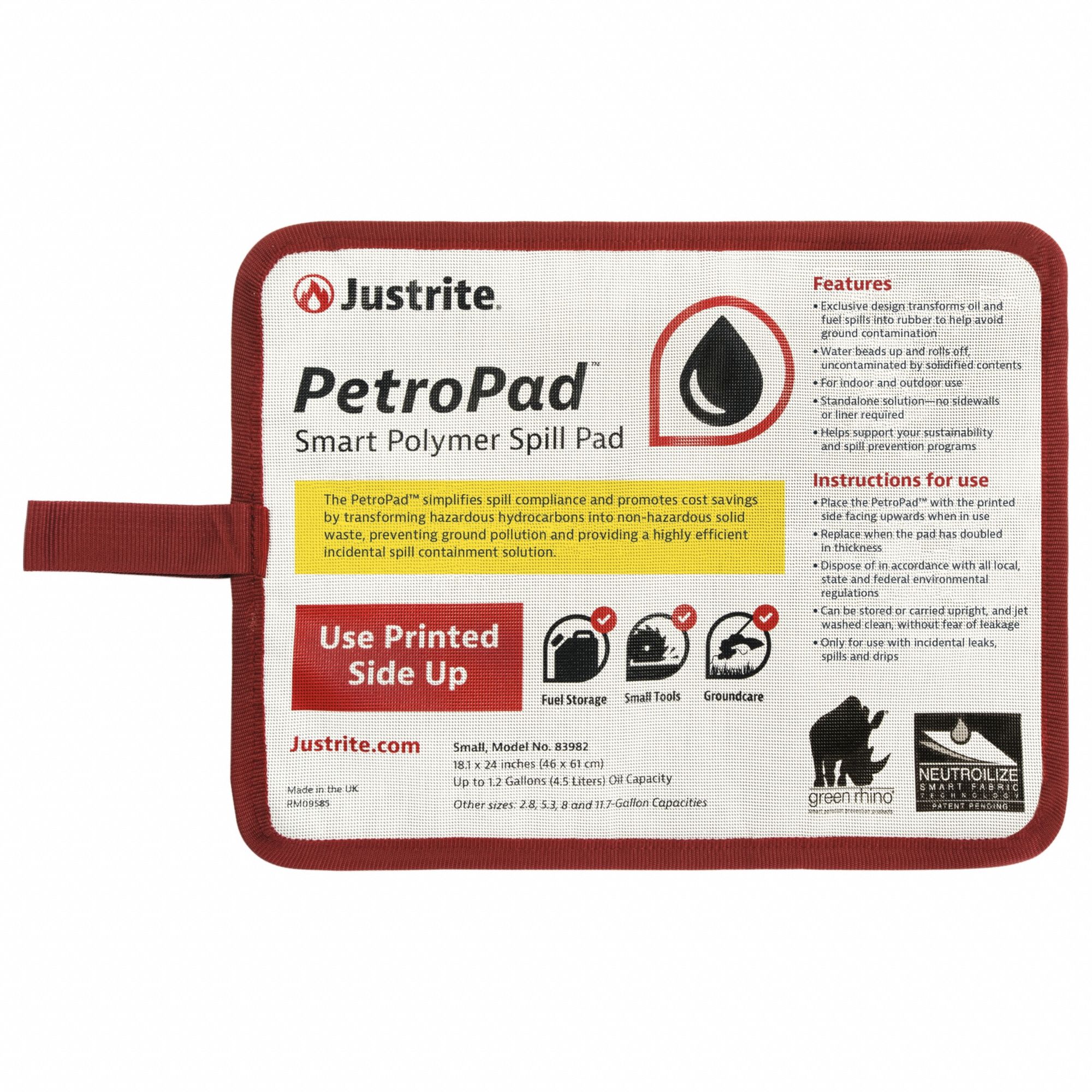 JUSTRITE, 18 1/8 in x 24 in Pad Size (L x W), 1 gal Volume Absorbed Per ...