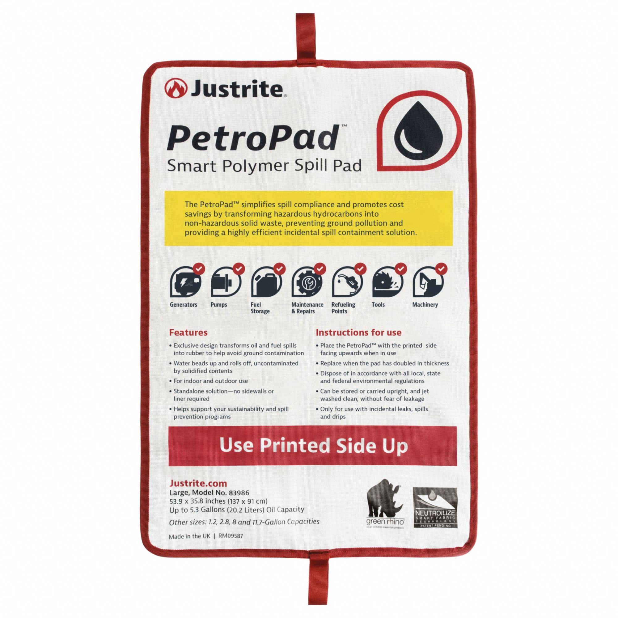 JUSTRITE, 53 7/8 in x 35 13/16 in Pad Size (L x W), 5 gal Volume ...