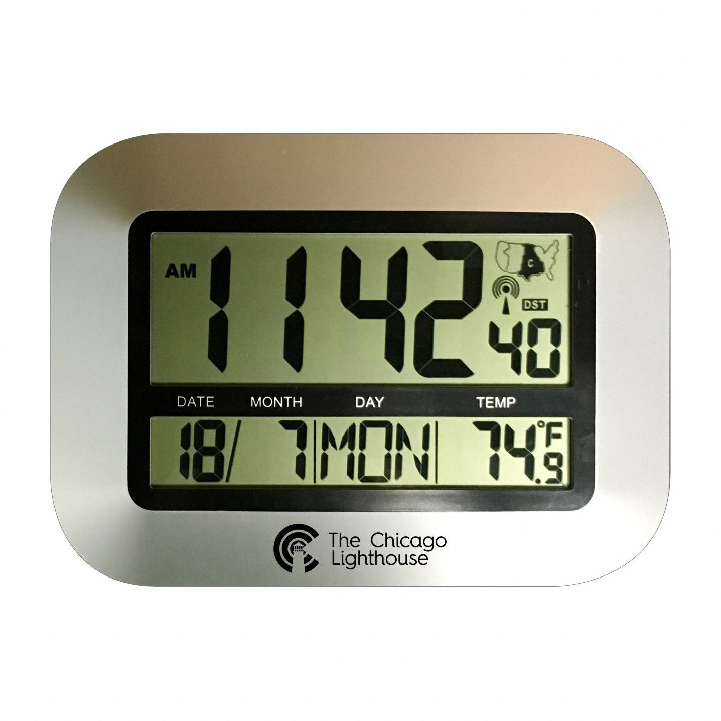 Clock,LCD DGTL, Atomic, Silver, 9.75" - Grainger