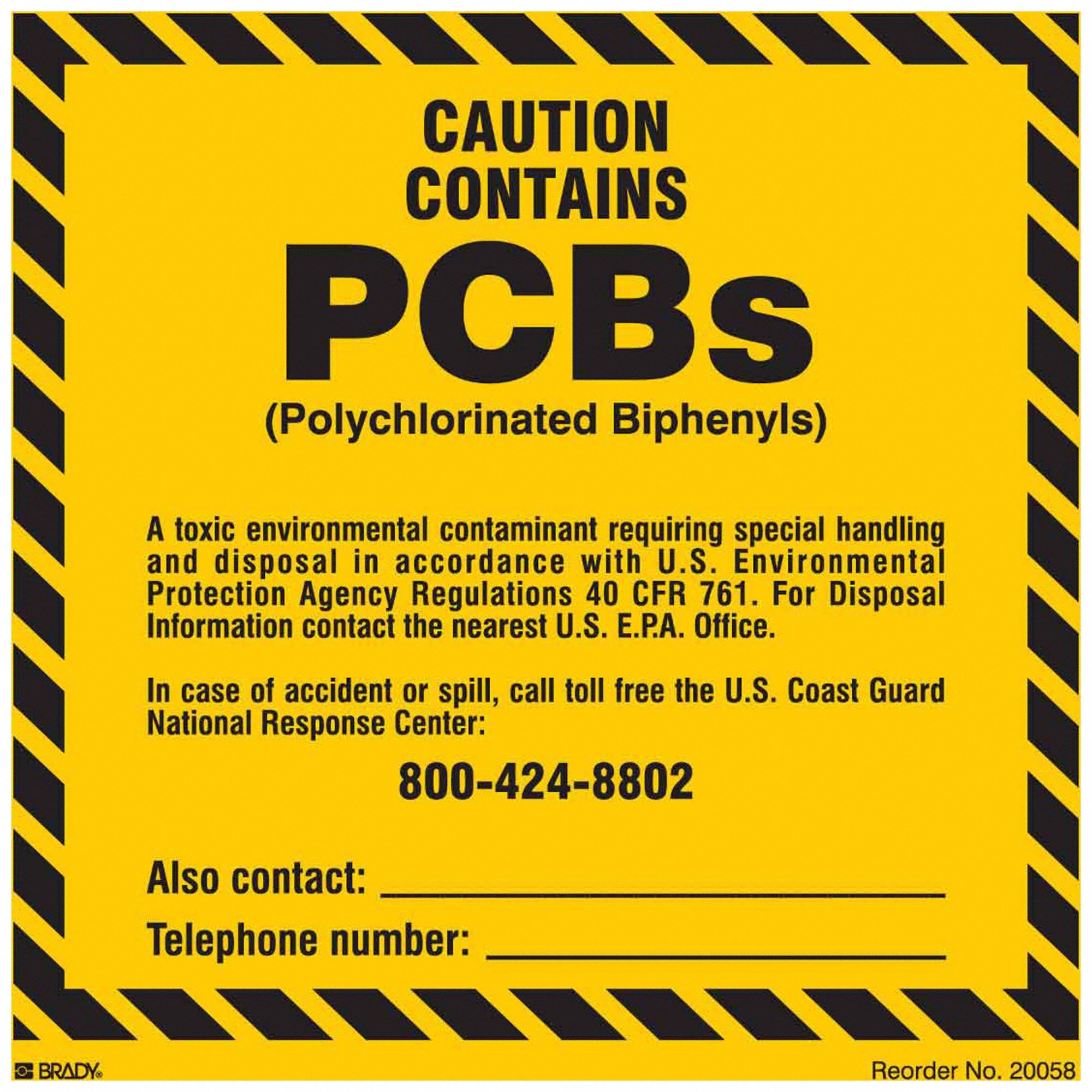 Caution Contains PCBs (Polychlorinated Biphenyls), 6 in Ht, NFPA Label ...