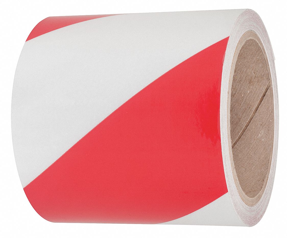 Marking Tape, Continuous Roll, Striped, Red/White, 4 in, 30 ft, Vinyl ...