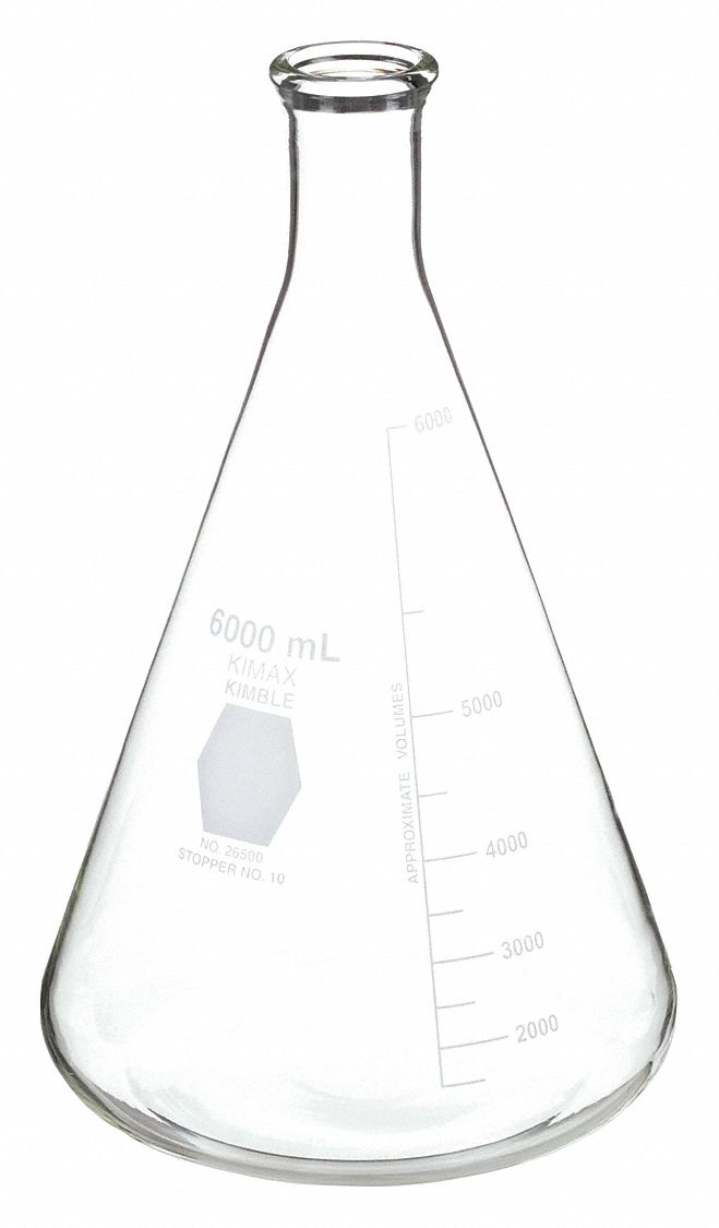 Borosilicate Glass, 6 L Capacity - mL, Erlenmeyer Flask - 8AFR0|26500-6000 - Grainger
