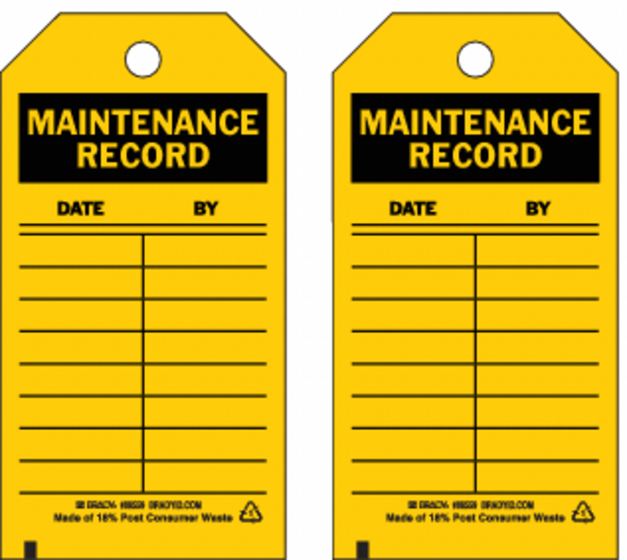BRADY Maintenance Tag, Polyester, Height: 5 3/4 in, Width: 3 in, Yellow ...