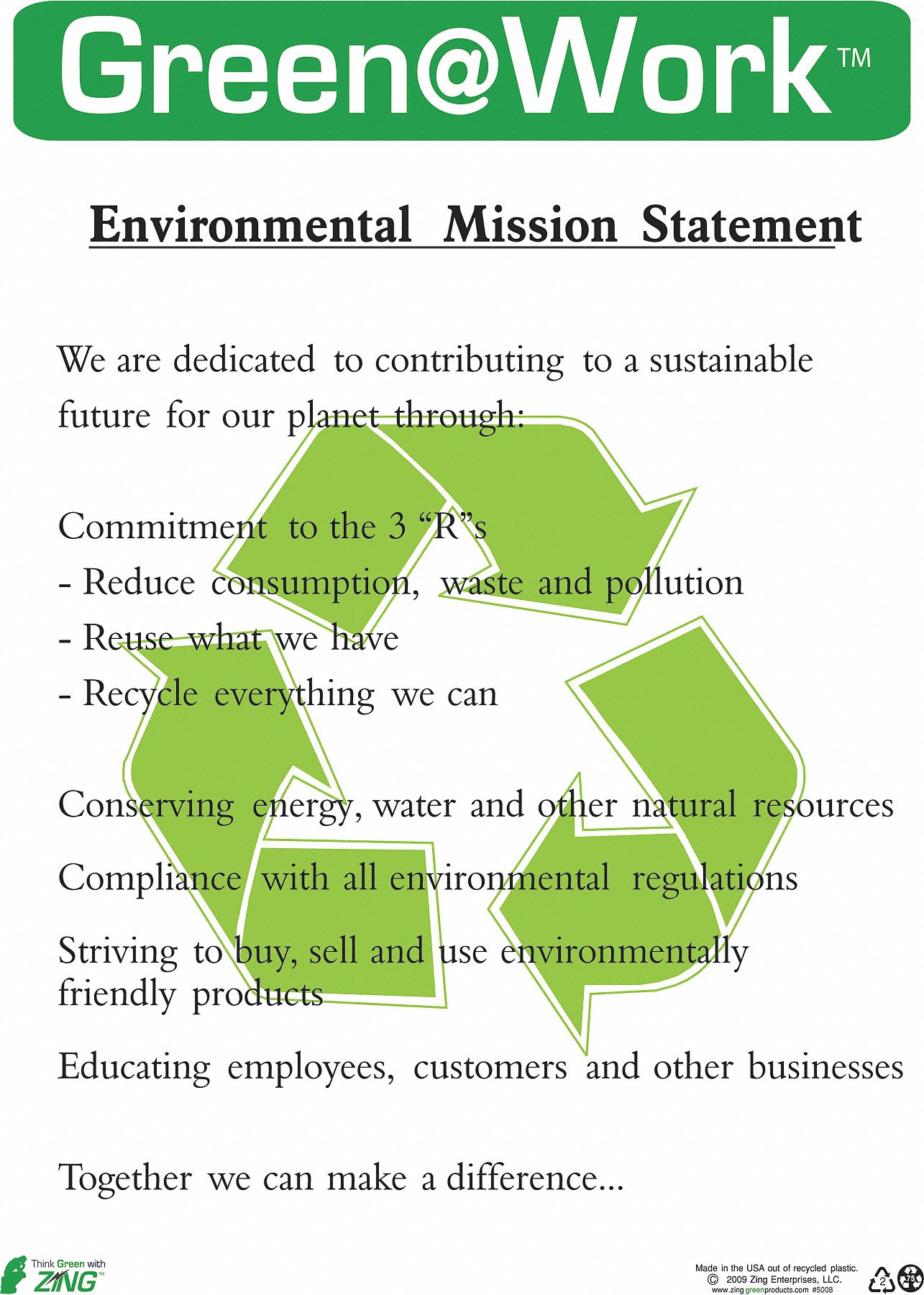Mission Statement Poster, Recycled Plastic - Grainger