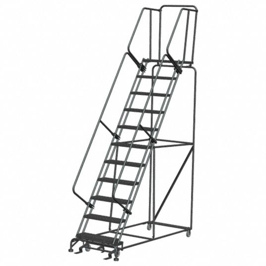 11-Step Safety Rolling Ladder, Expanded Metal Step Tread, 143 in ...