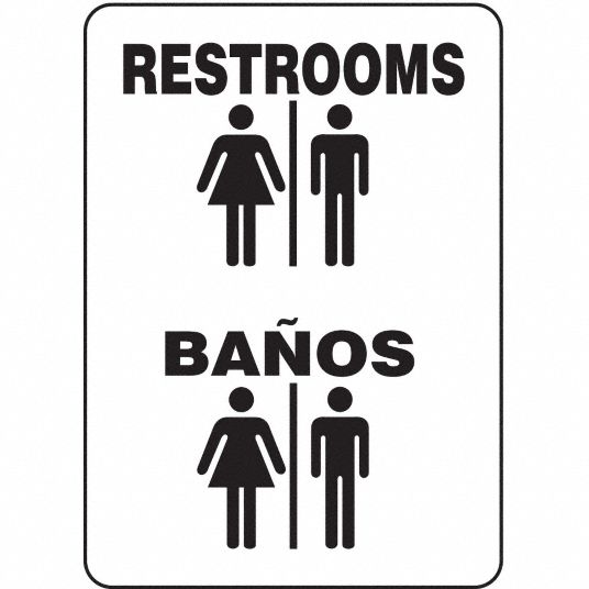 Vinyl, Spanish-Bilingual Restroom Sign, 10" Width, 14" Height, White ...