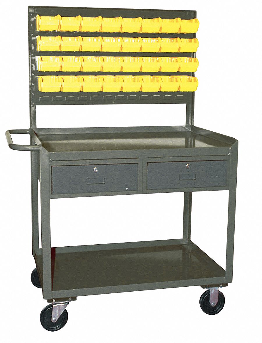 Mobile Work Station, 2 Drawers, 32 Bins, 1200 lb Load Capacity - Grainger