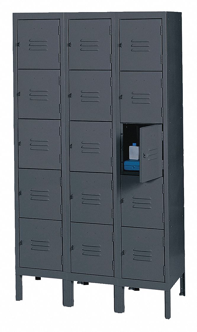 Gray Box Locker, (3) Wide, (5) Tier , Openings: 15, 36 in W X 15 in D X ...