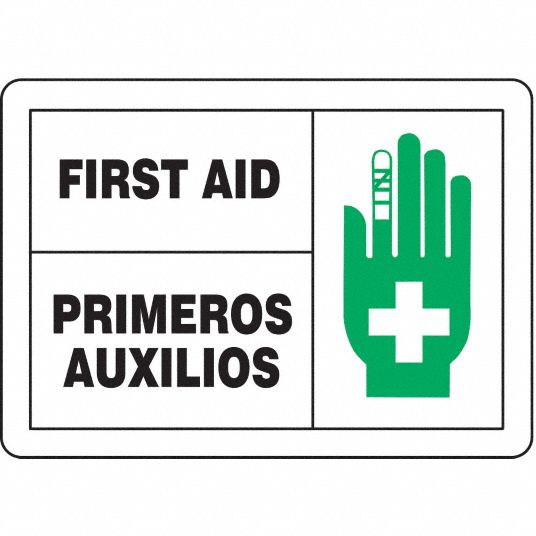 Aluminum, Spanish-Bilingual First Aid Sign, 14" Width, 10" Height ...