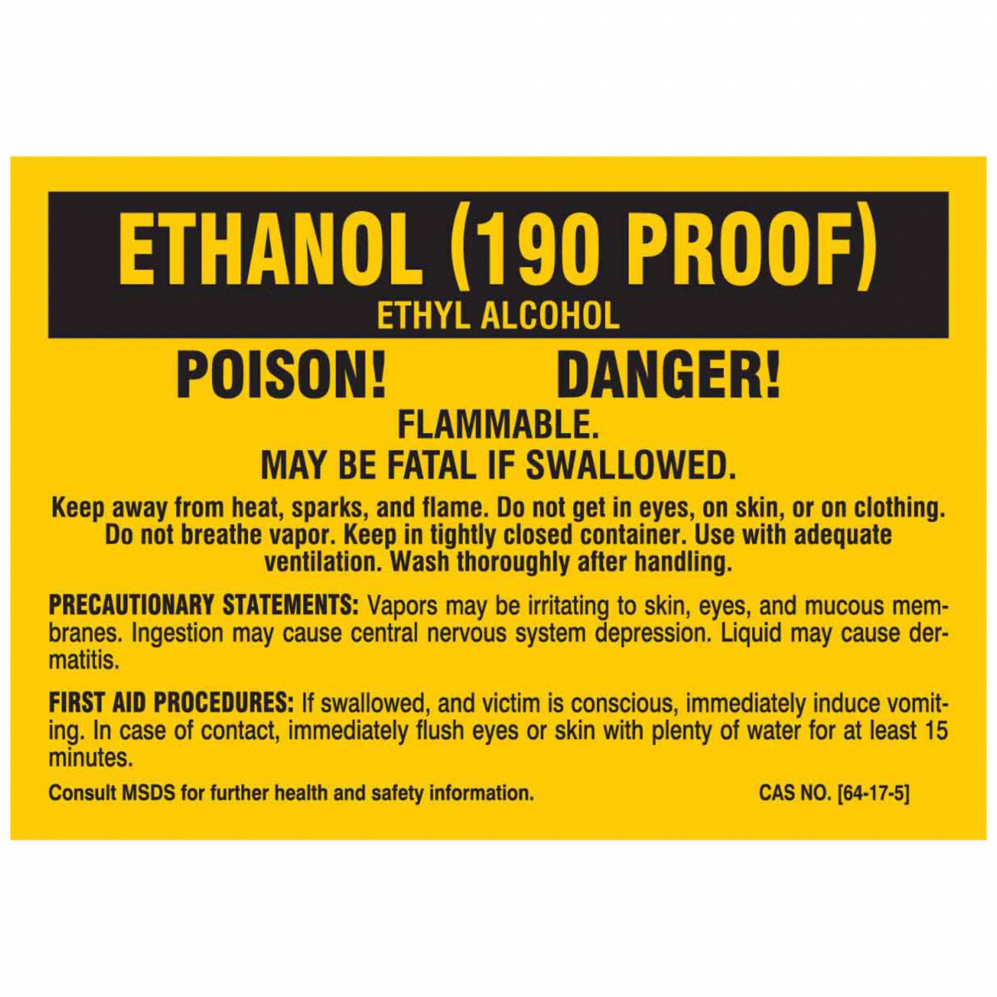 Ethanol (190 Proof), 3 1/2 in Ht, NFPA Label - 9VZP2|7259QLS - Grainger