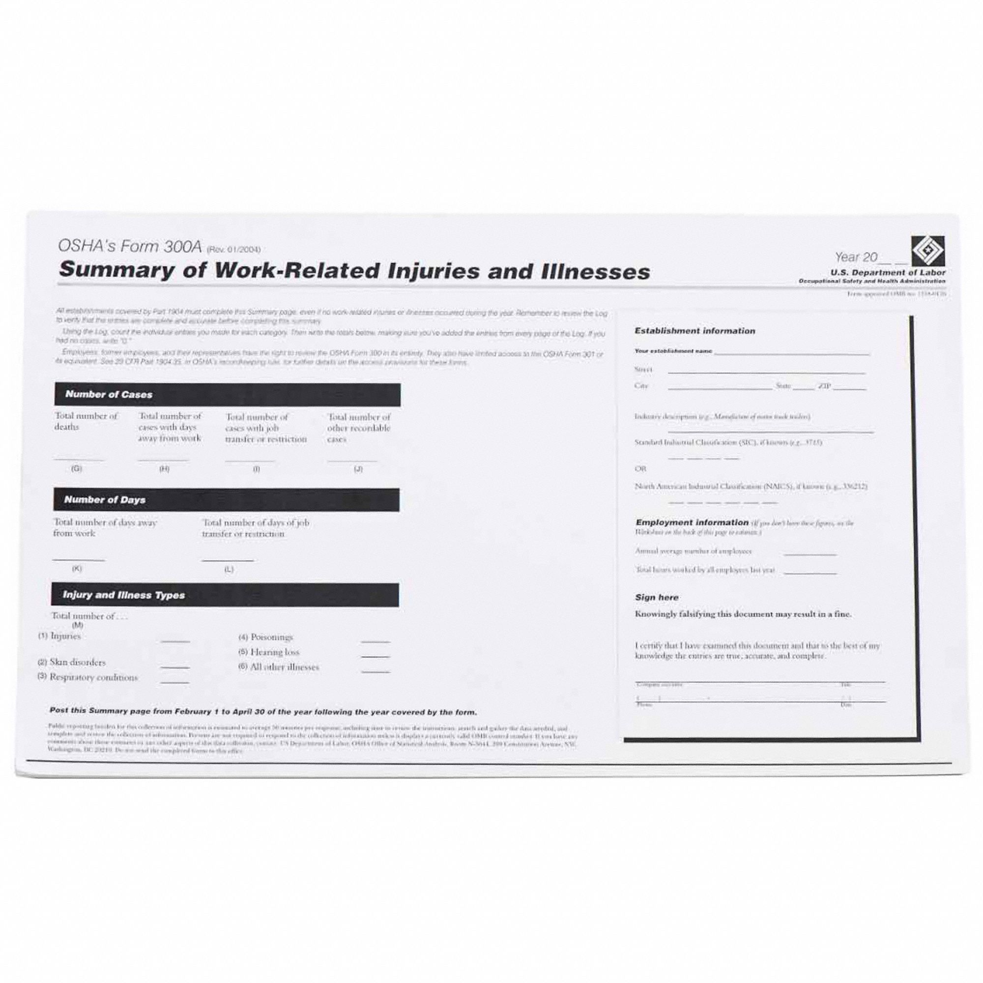 BRADY OR300A Forms,OSHA 300A Log 754473456740 | eBay