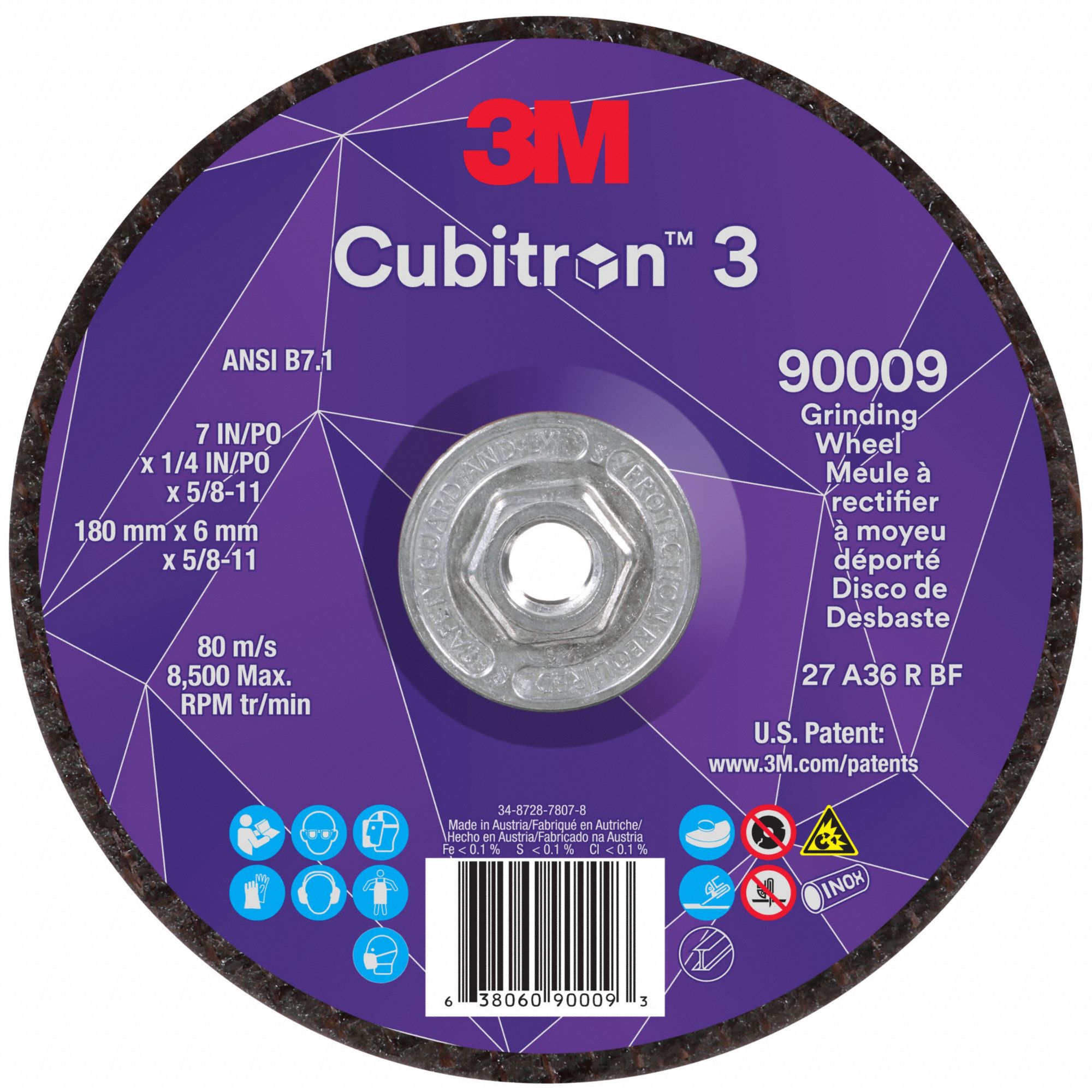 3M CUBITRON 3, Type 27, 7" x 1/4" x 5/8"-11, Depressed Center Grinding ...