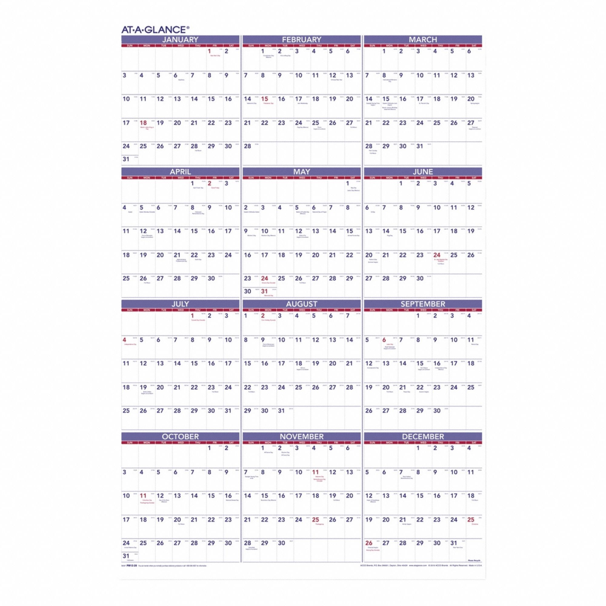 AT-A-GLANCE, 36 in Sheet Ht, 24 in Sheet Wd, Wall Calendar - 6RMP4 ...