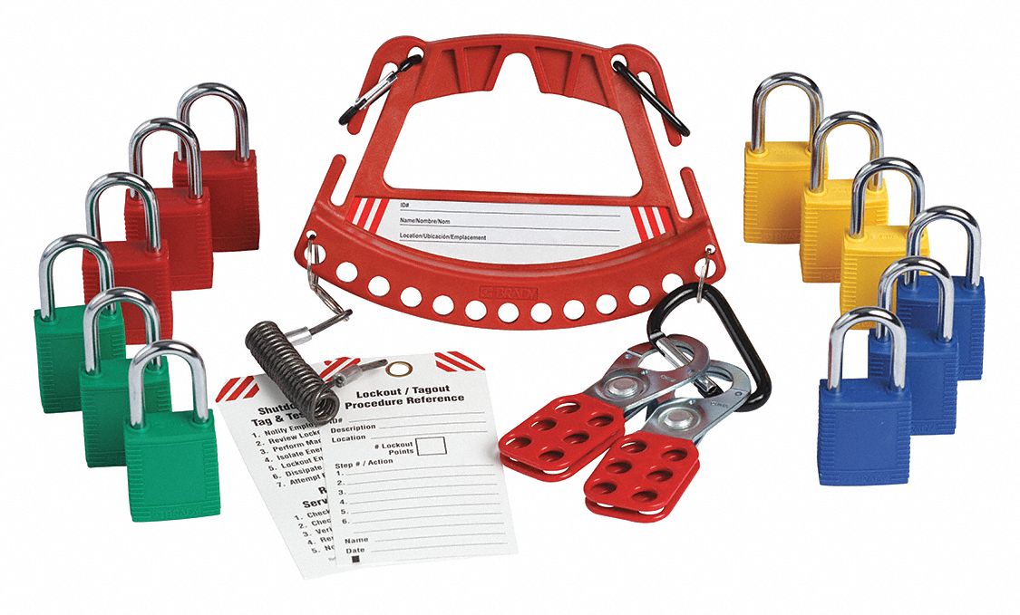 BRADY LOCK AND TAG CARRIER, SAFETY, ENG/FR/SP/12 PADLOCKS, RED/GRN/BL ...