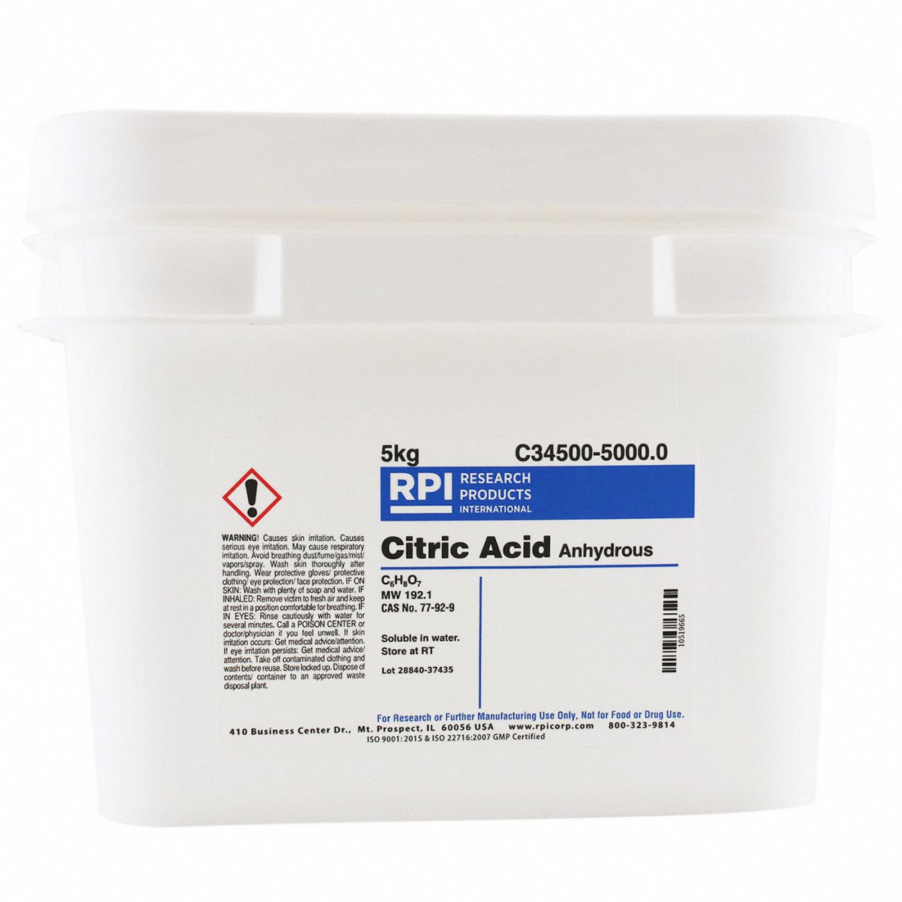 Lab, 5 kg, Citric Acid - Anhydrous - 30UD28|C34500-5000.0 - Grainger
