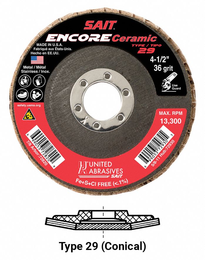 UNITED ABRASIVES-SAIT, Type 29, 4-1/2" x 5/8"-11, Flap Disc - 36RD38 ...