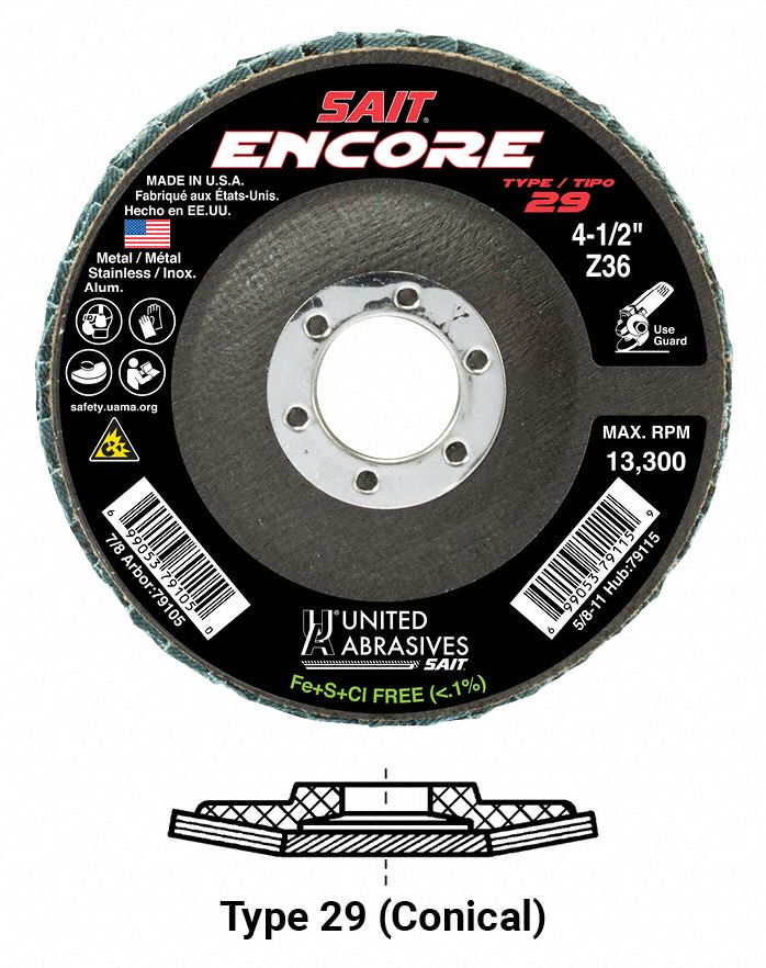 UNITED ABRASIVES-SAIT, Type 29, 4-1/2" x 7/8", Flap Disc - 35KH73|79106 ...