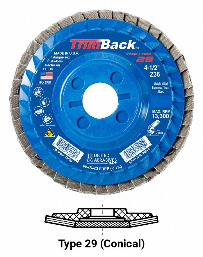 UNITED ABRASIVES-SAIT, Type 29, 4-1/2" x 7/8", Flap Disc - 36RD49|70803 ...