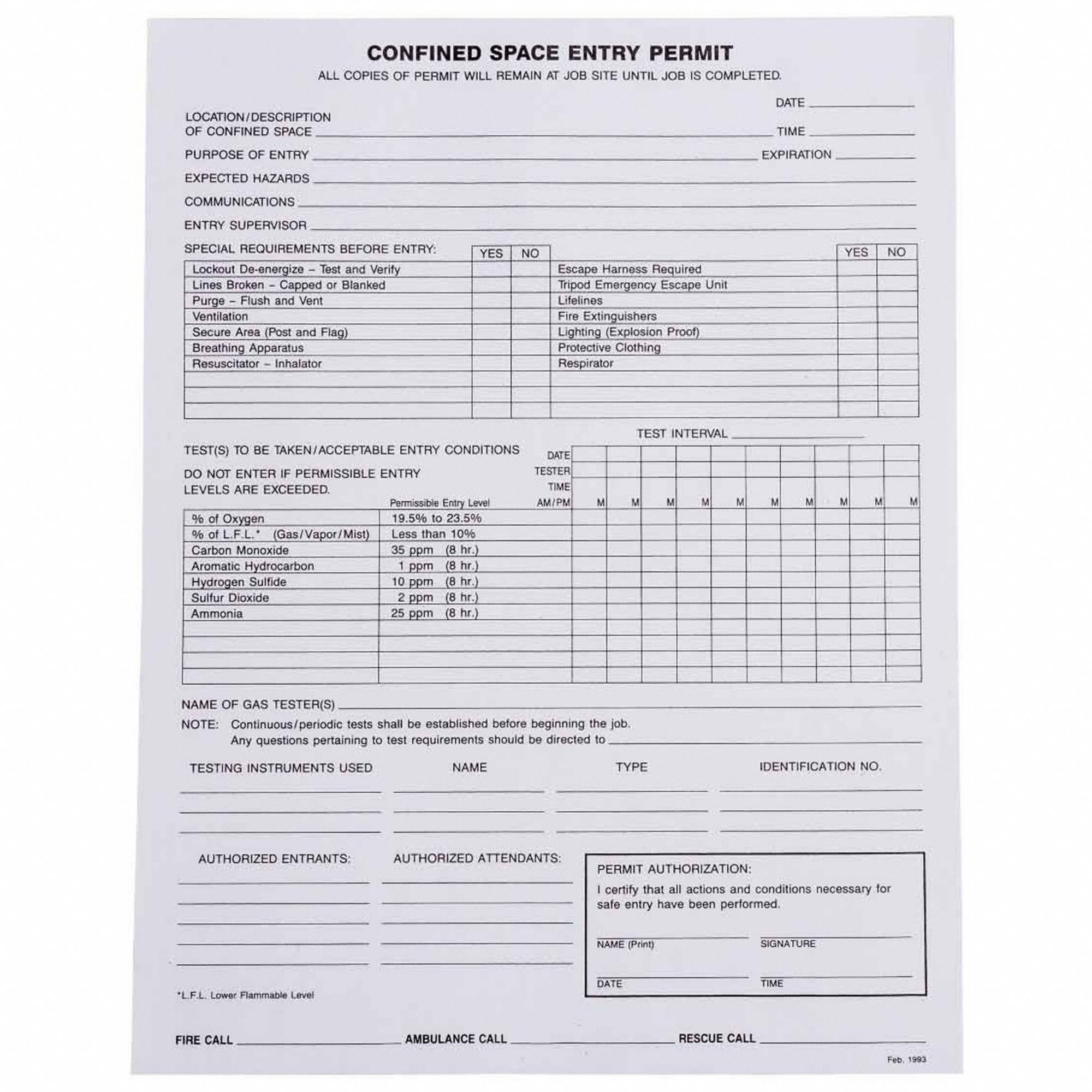 BRADY, 8 1/2 in x 11 in, Black/White, Confined Space Entry Permits ...