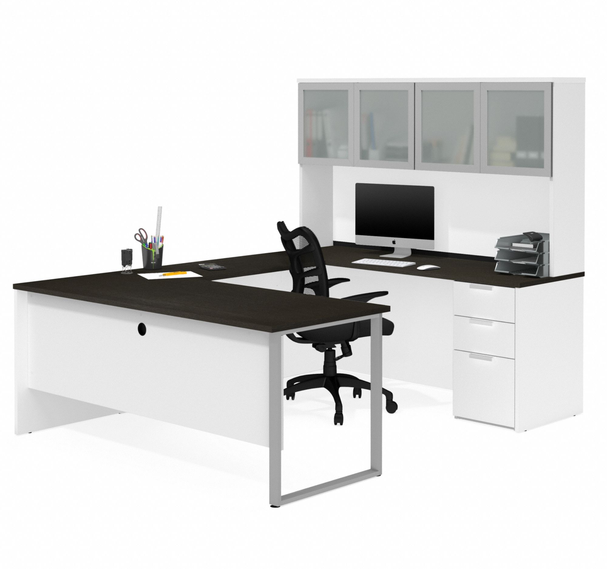 BESTAR, Deep Grey/White, 71 1/8 in Overall Wd, U-Shaped Office Desk ...
