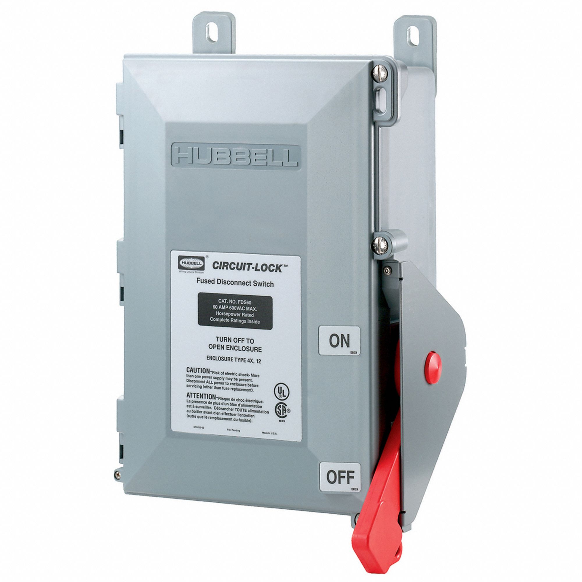 HUBBELL WIRING DEVICE-KELLEMS, Fusible, 60 A Amps, Enclosed Disconnect ...