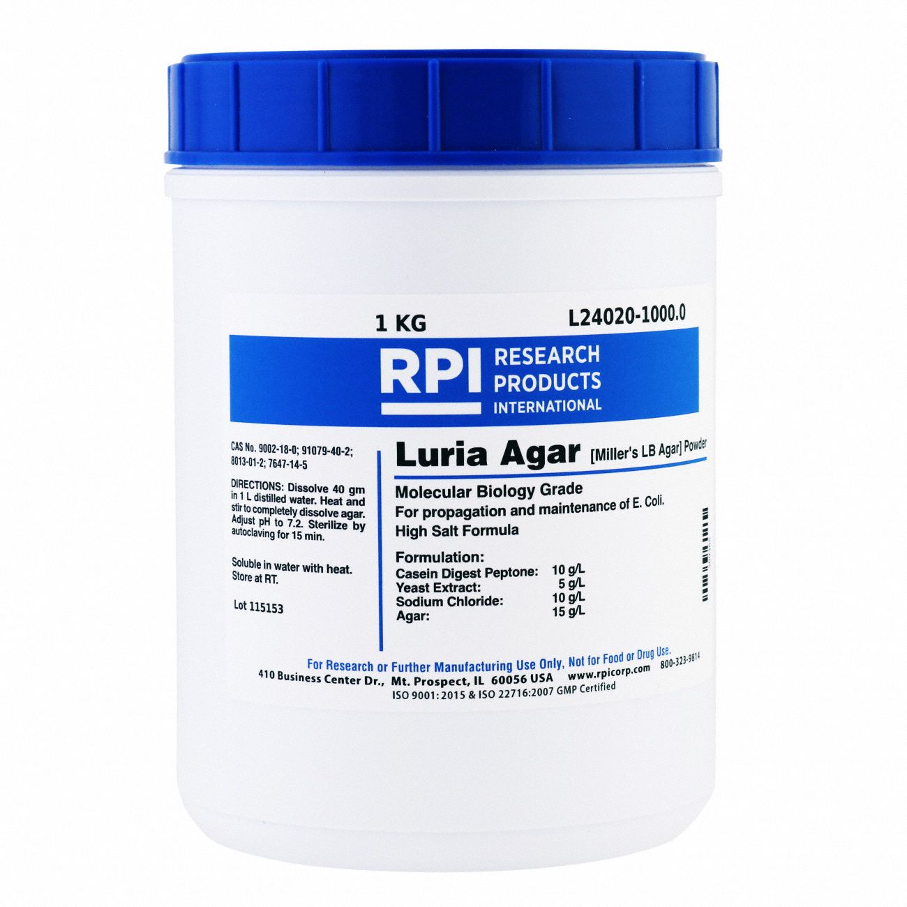 Lab, 1 kg, Agar - Luria - Miller's LB Agar - 31FZ22|L24020-1000.0 - Grainger