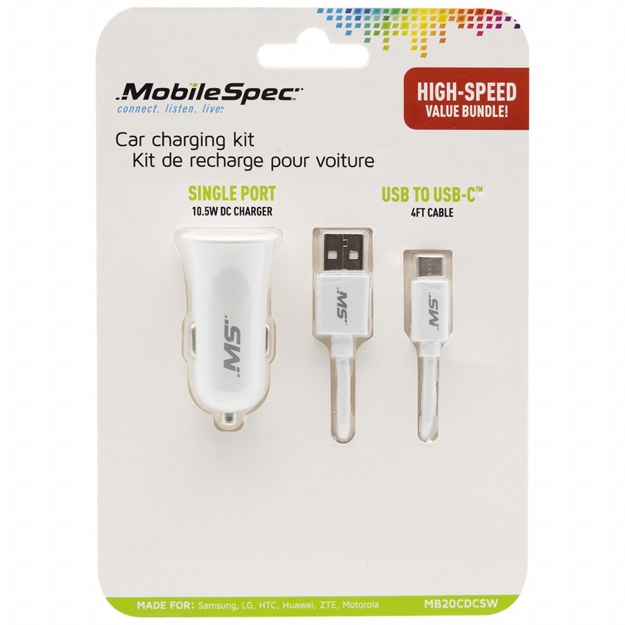 MOBILESPEC, Charger, 4 ft Cord Lg, Car Charging Kit, White - 800ML8 ...