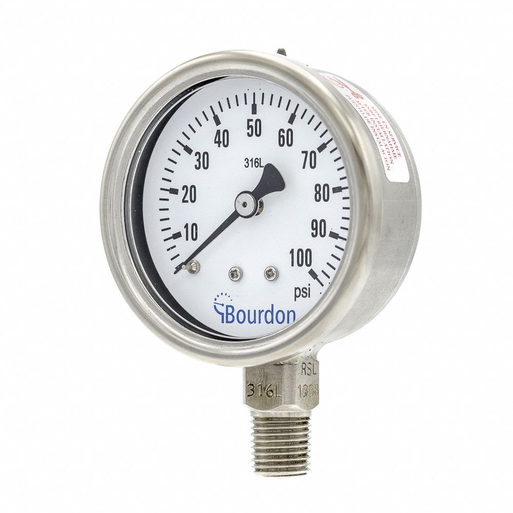 BOURDON, 100 psi to 0 psi / Hg to 100 psi, 63 mm Dial, Pressure Gauge ...