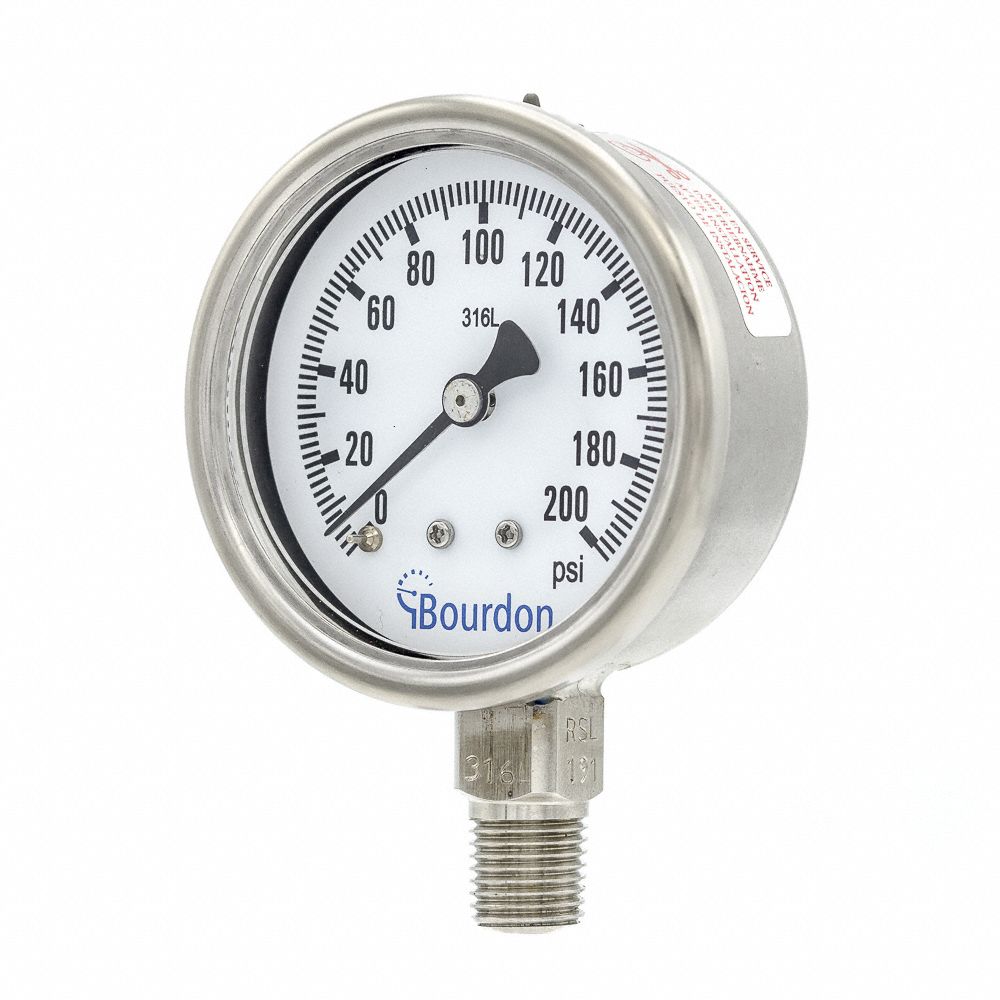 BOURDON, 200 psi to 0 psi / Hg to 200 psi, 63 mm Dial, Pressure Gauge ...