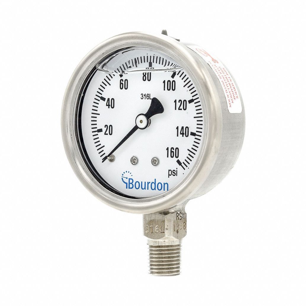 BOURDON, 160 psi to 0 psi / Hg to 160 psi, 63 mm Dial, Pressure Gauge ...