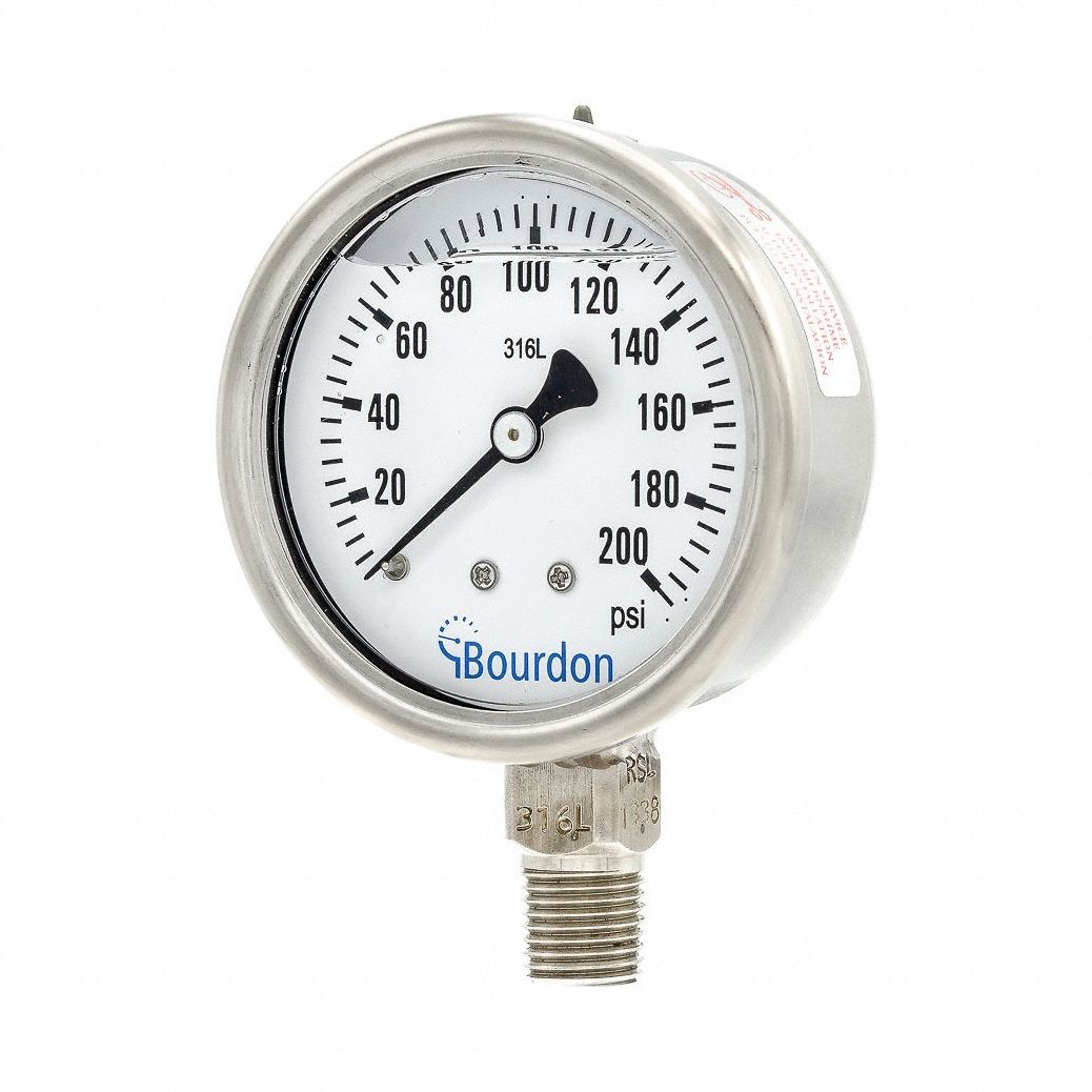 BOURDON, 200 psi to 0 psi / Hg to 200 psi, 63 mm Dial, Pressure Gauge ...