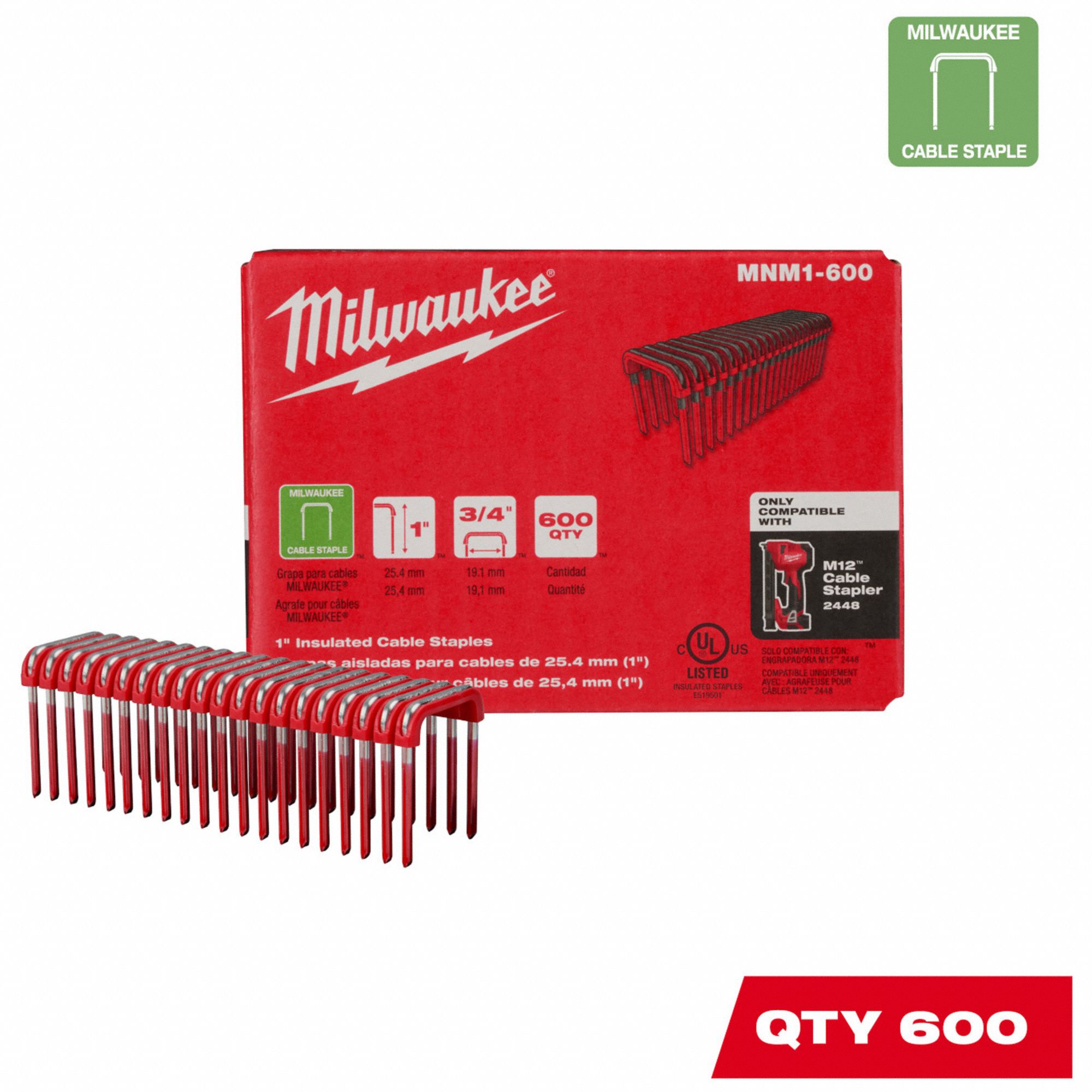 MILWAUKEE, Insulated Cable Staple, 1 in Crown Wd, Cable Staple,Red,1 in ...