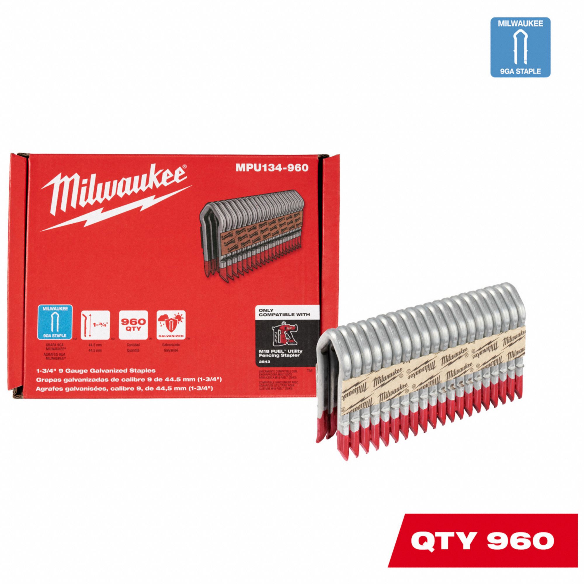 MILWAUKEE, Barbed Staple, 3/4 in Crown Wd, Galvanized Staples,9 ga ...