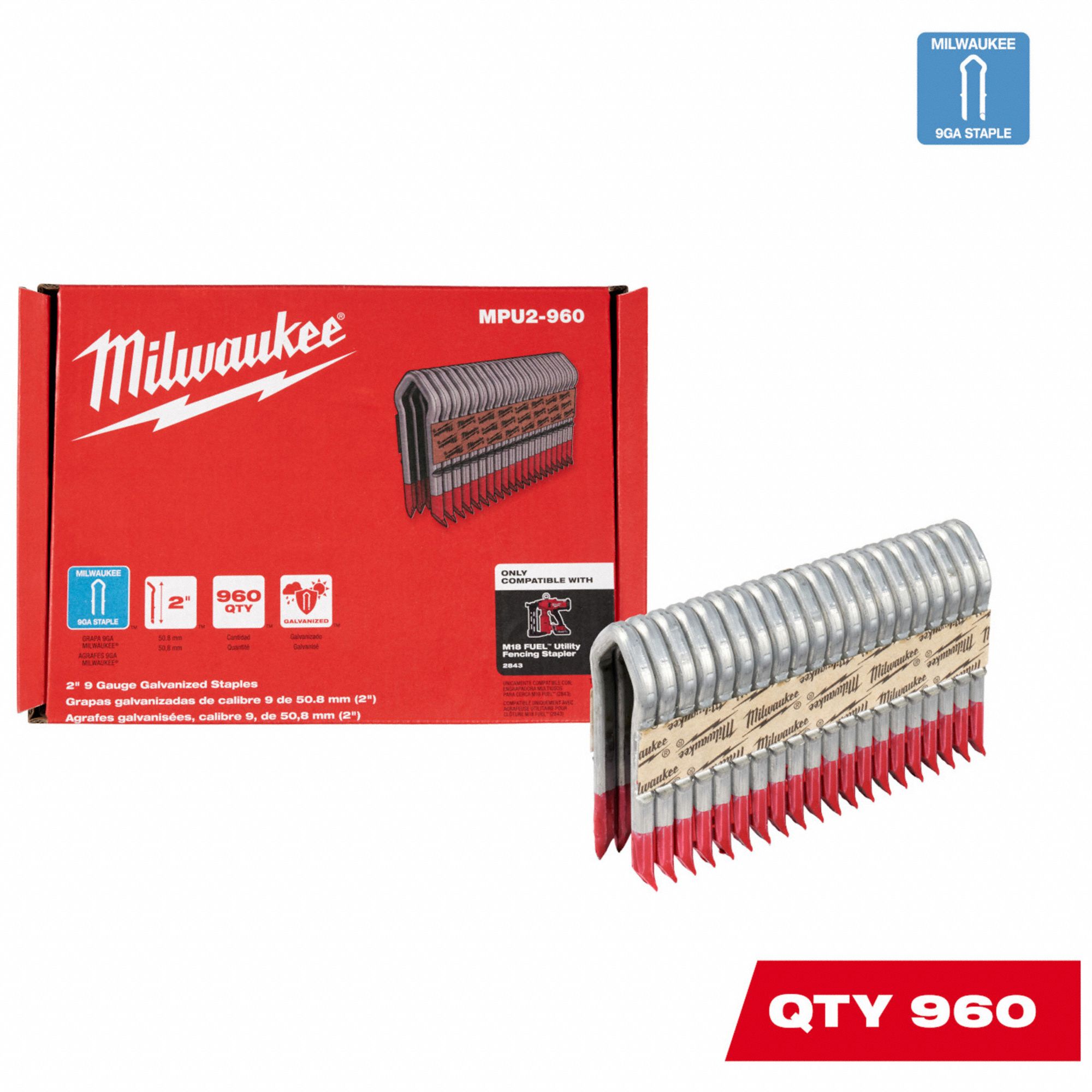 MILWAUKEE, Barbed Staple, 3/4 in Crown Wd, Galvanized Staples,9 ga ...