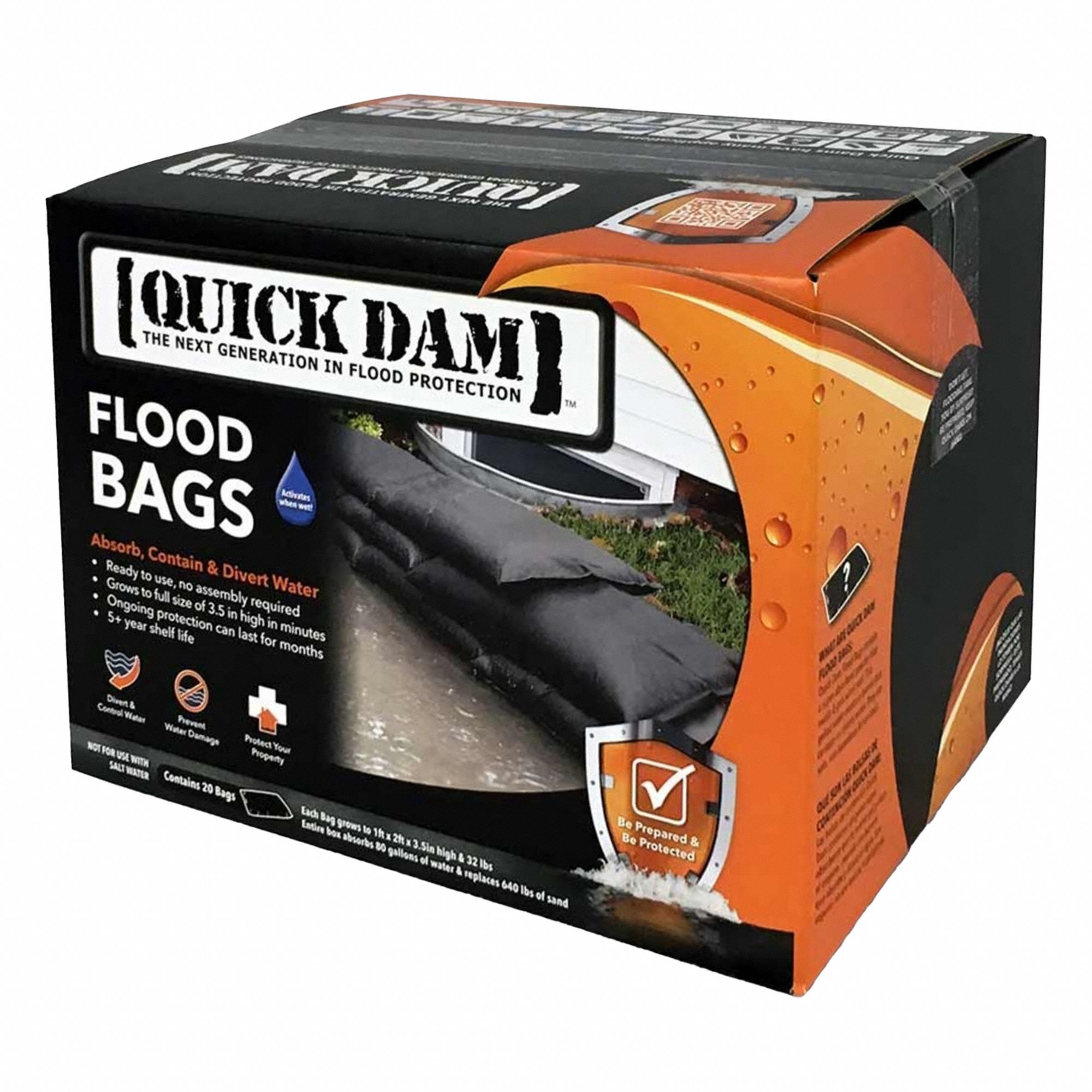 QUICK DAM, Fresh Water, 3 1/2 in Overall Ht, Water Activated Flood Bag ...