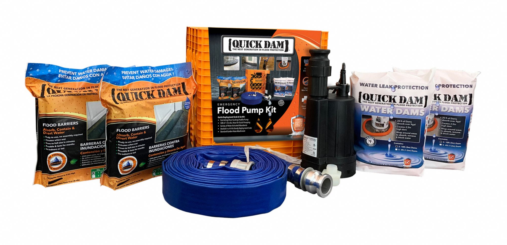 QUICK DAM, (2) 10 ft Flood Barriers/(4) 10 ft Water Dams/Crate/Hose ...