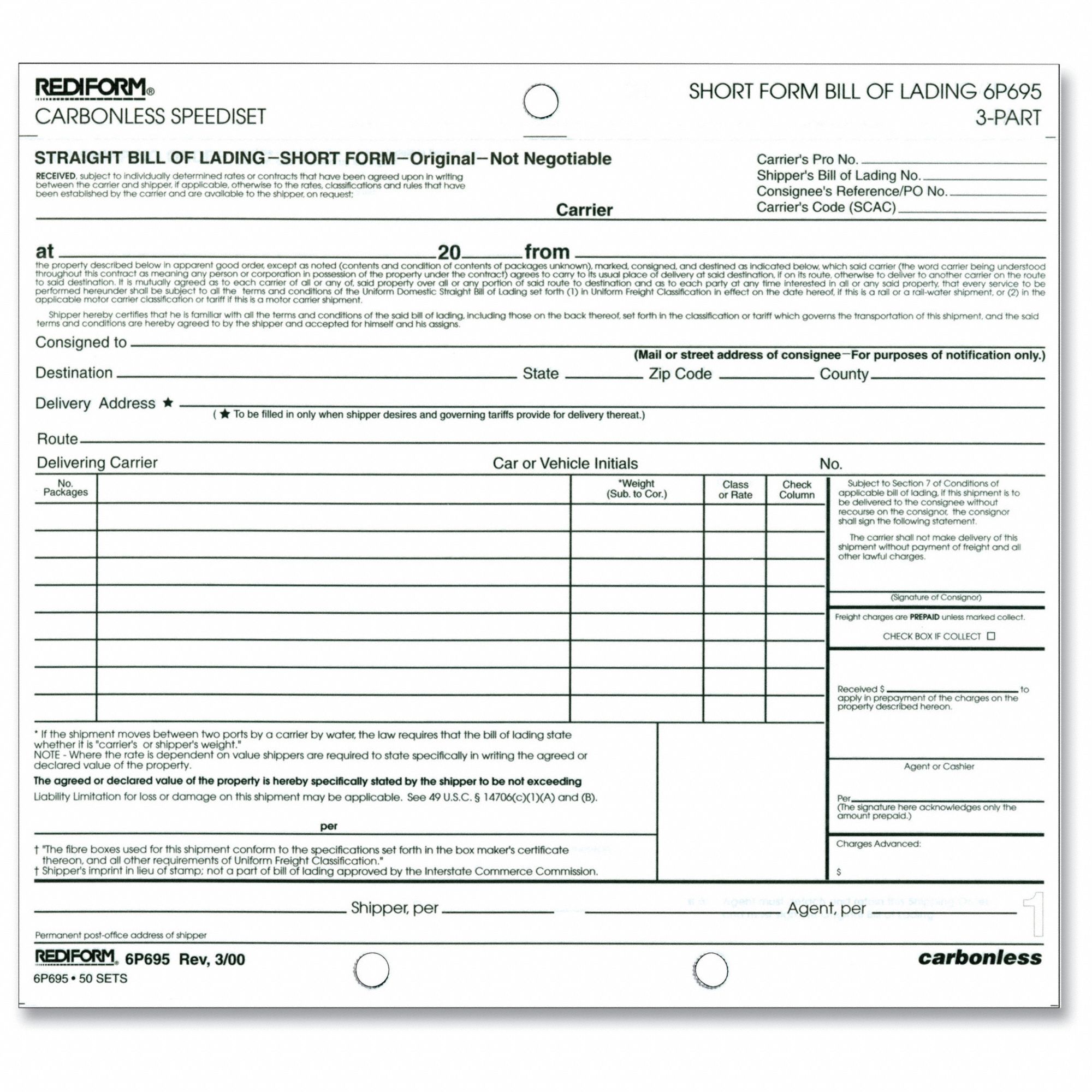 REDIFORM, Bill of Lading Form,3-Part,PK50 - 43HJ62|6P695 - Grainger
