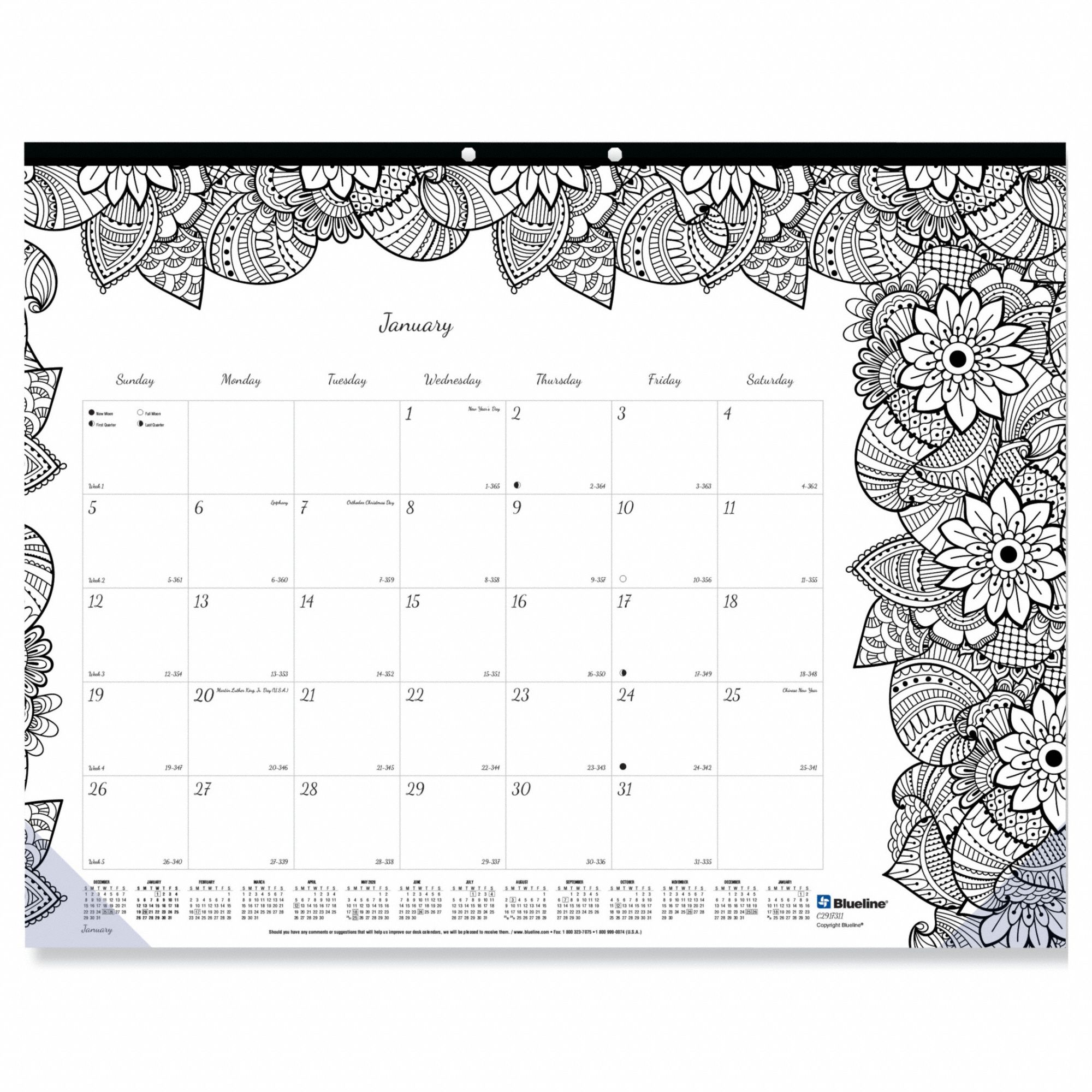 BLUELINE, 22 in Sheet Ht, 17 in Sheet Wd, Desk Pad Calendar - 52DP51 ...