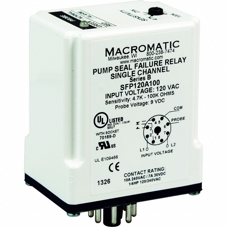 MACROMATIC, Socket Mounted, 10 A Current Rating, Seal Leak Relay ...